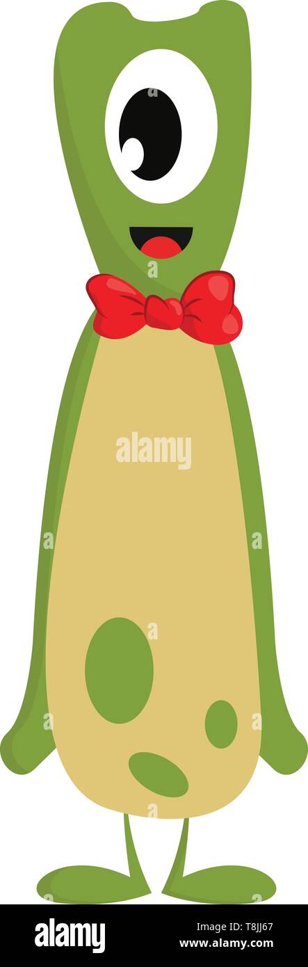 A green long monster with red bow, with one big eye, with red tongue ...