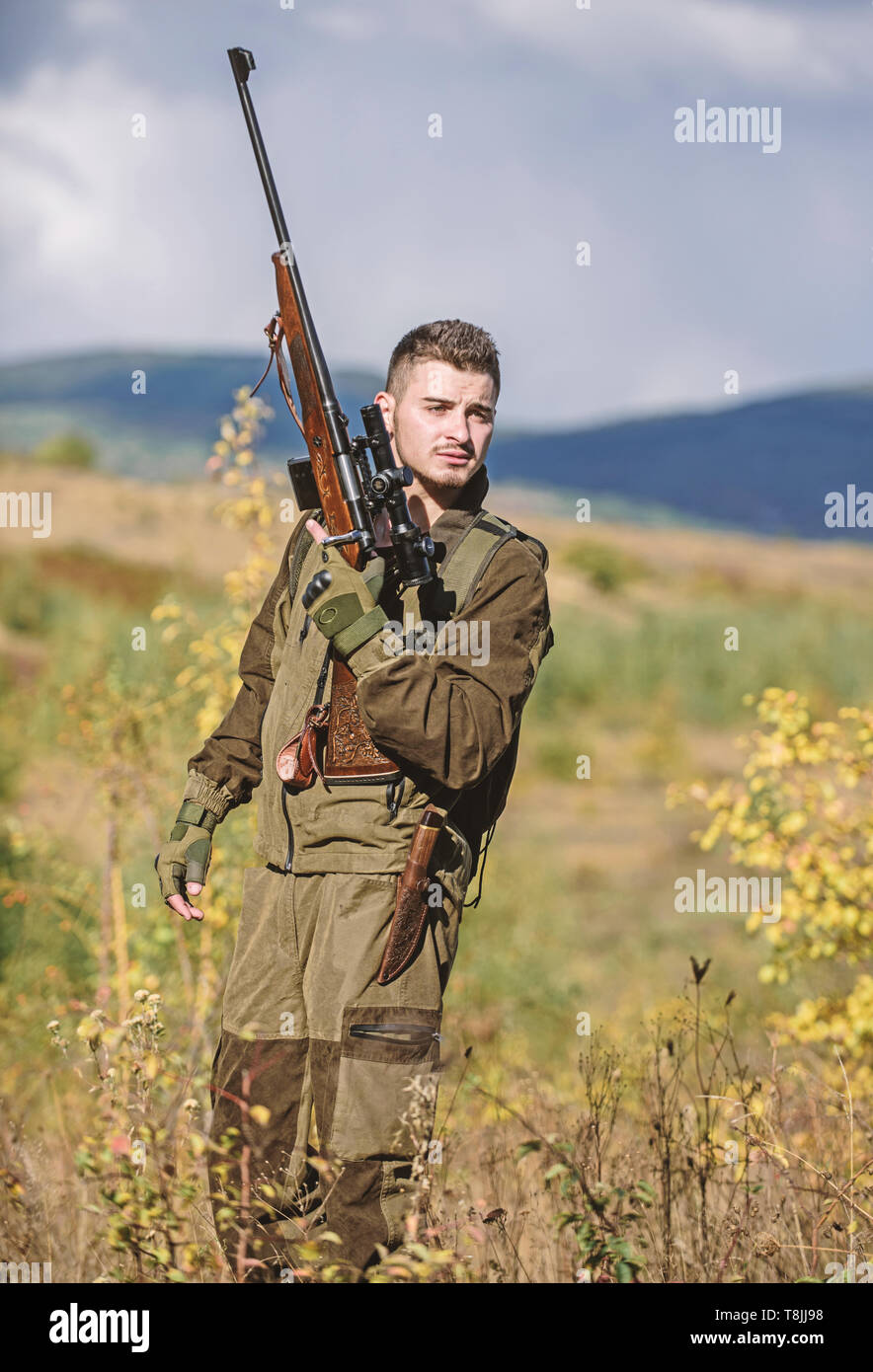 Man with rifle hunting equipment nature background. What you should ...