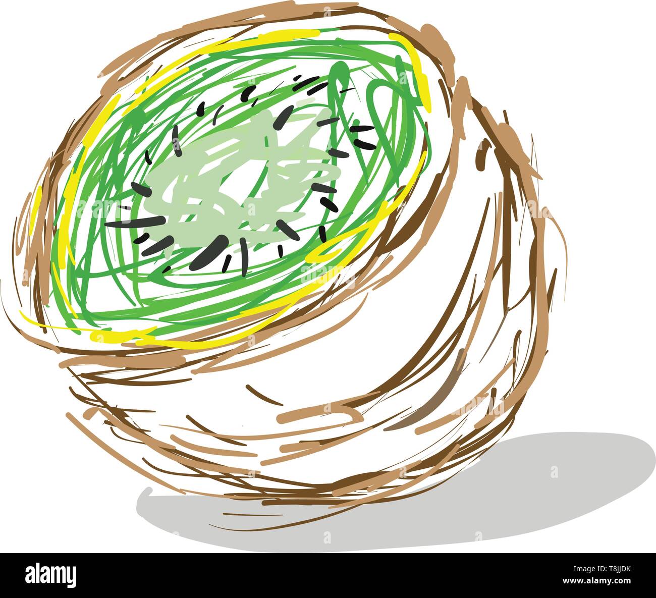 A rough sketch of a kiwi fruit with green core and seeds, vector, color ...
