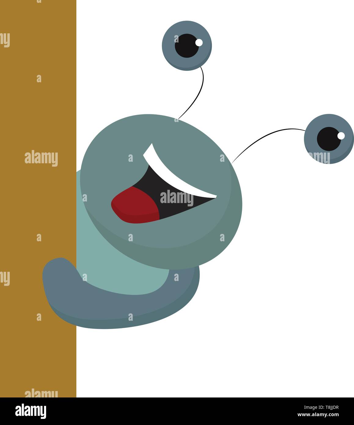 A smiling gray monster with two antenna eyes peeking beside a post ...
