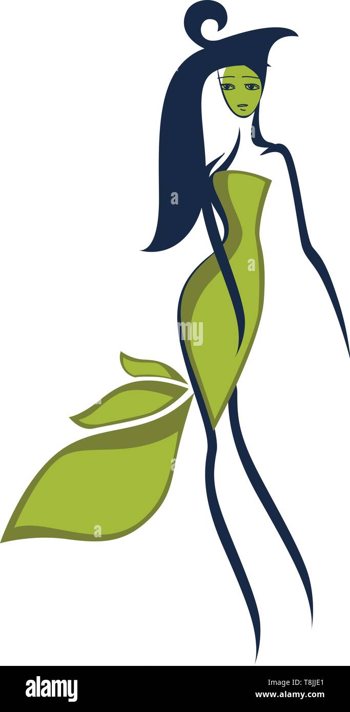 An abstract illustration of a green slender woman with long hair ...
