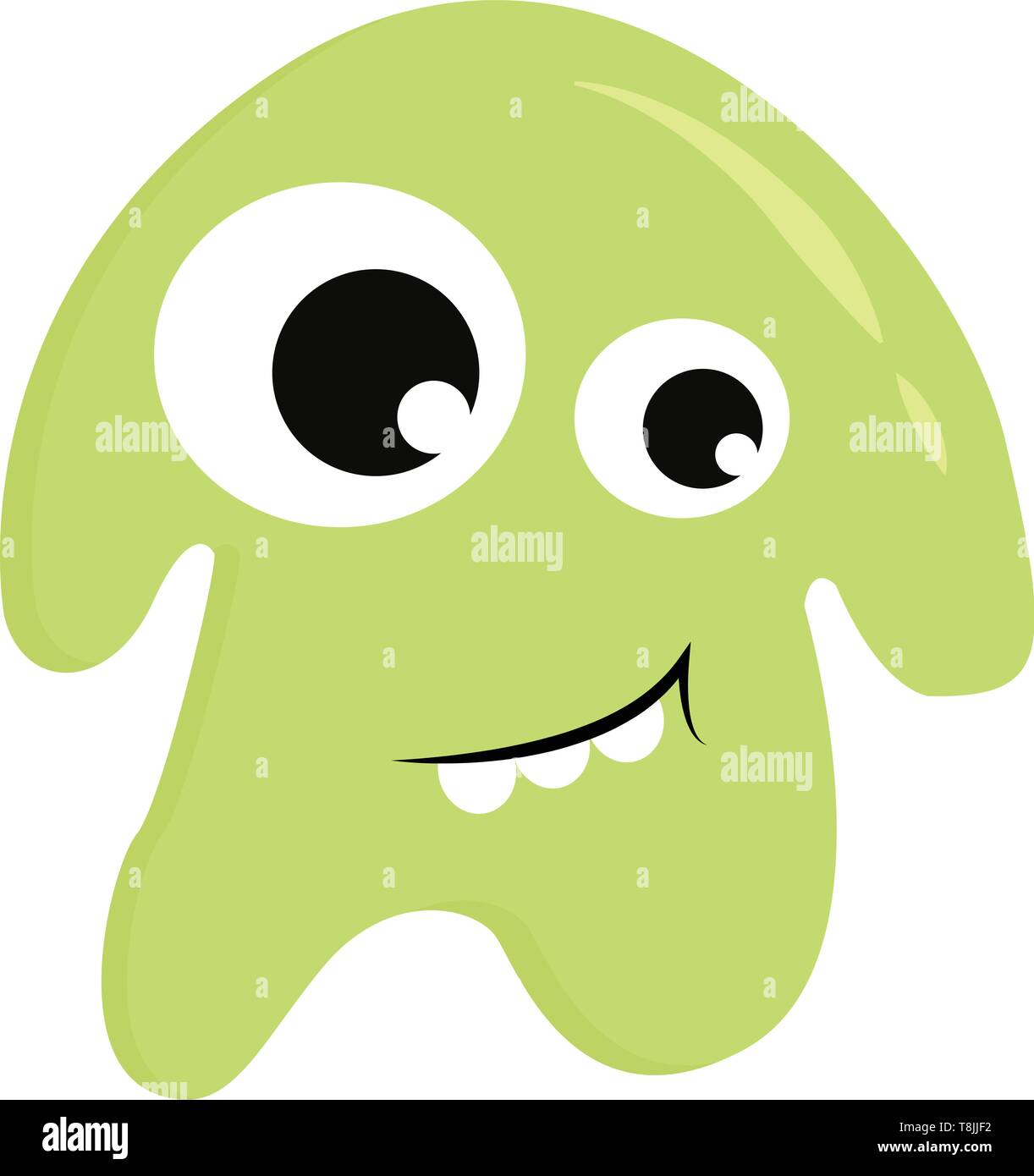 A cute little green monster smiling with three teeth out, vector, color ...