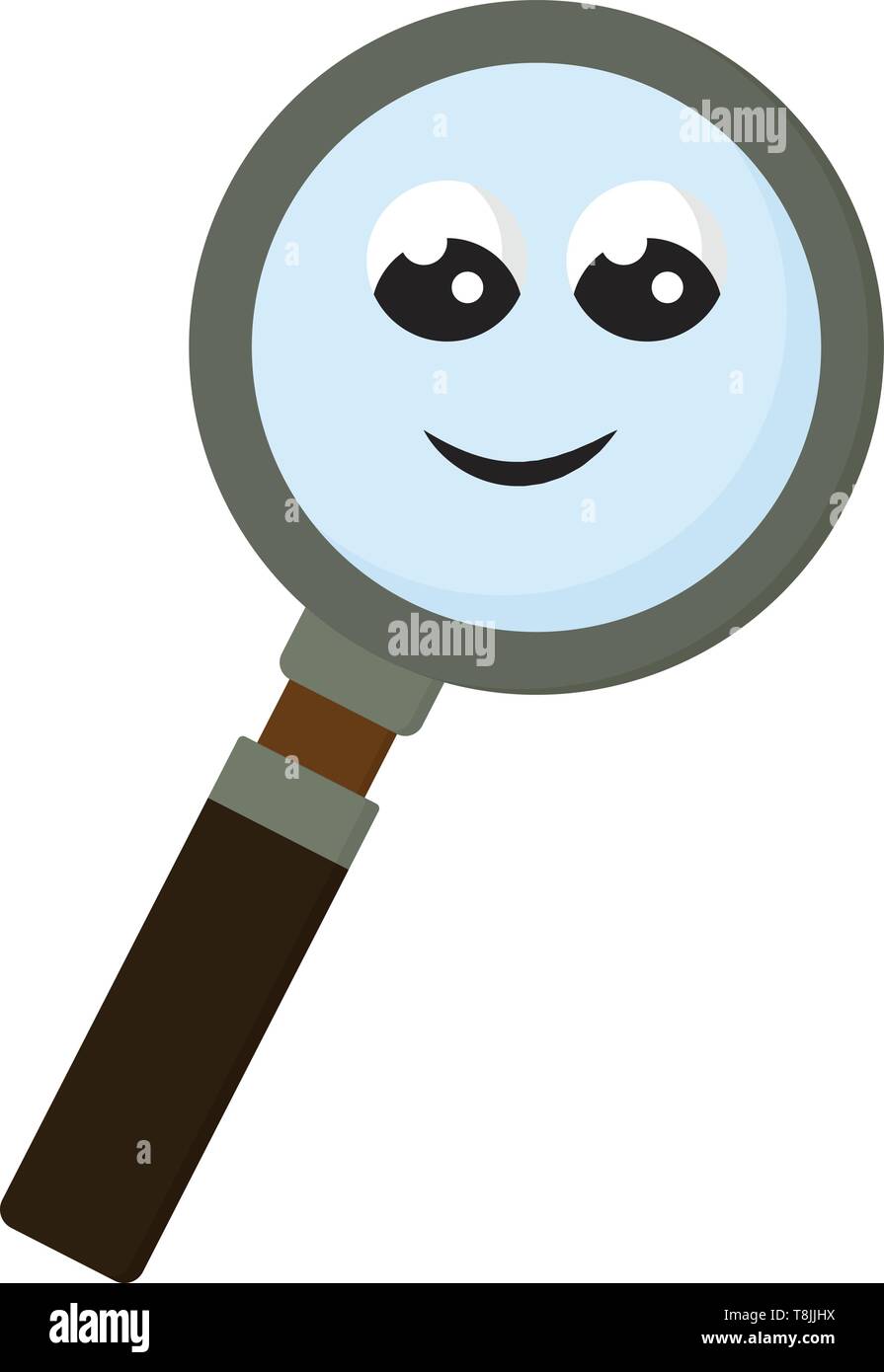 A smiling magnifying glass with brown handle, vector, color drawing or ...