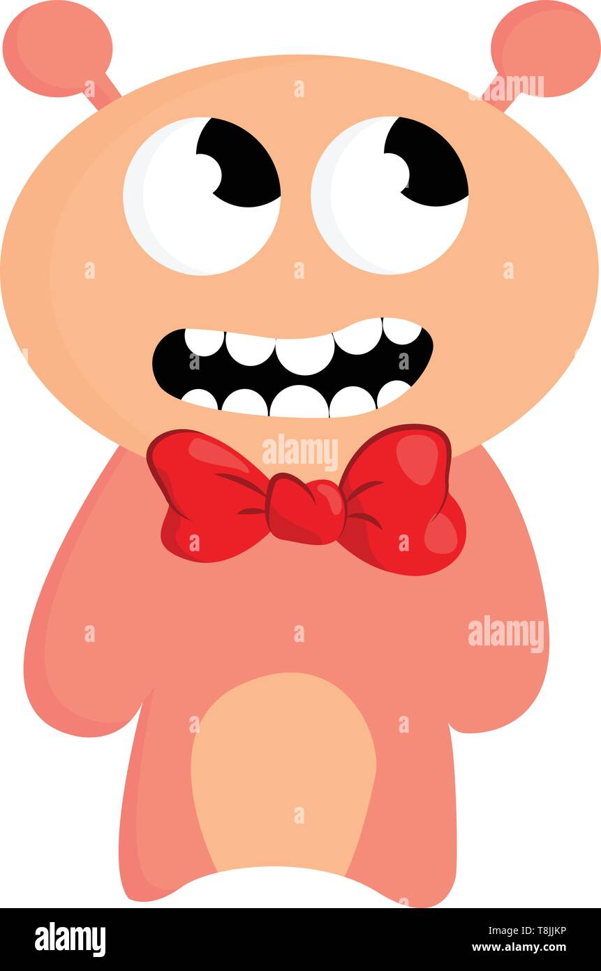 A cute pinkish monster with a red bow looking up, vector, color drawing ...