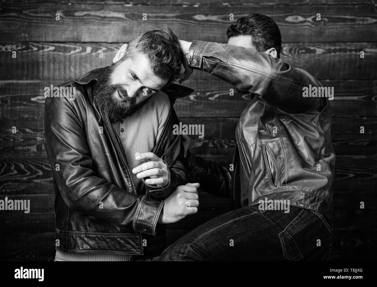 Men bearded hipster fighting. Attack and defence. Aggressive hooligan ...