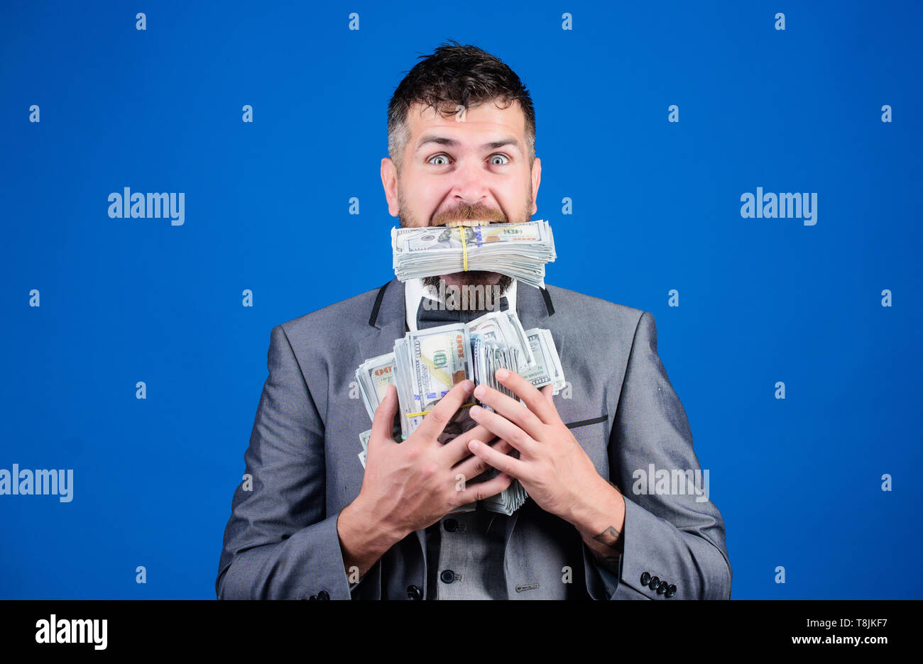 Cash transaction business. Easy cash loan. Man formal suit hold many ...