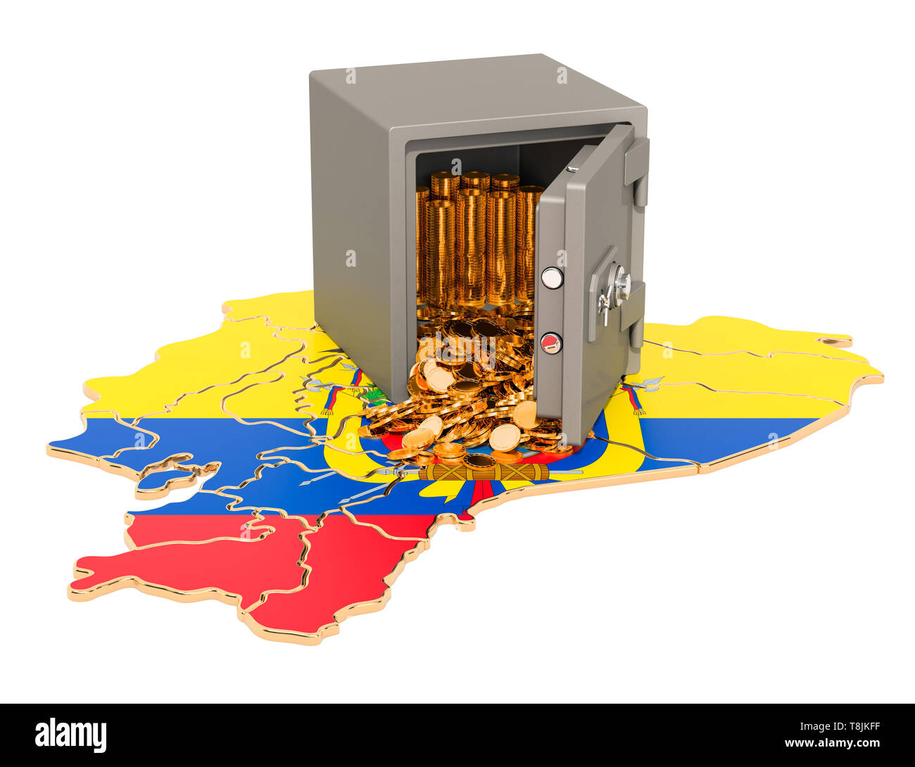 Safe box with golden coins on the map of Ecuador, 3D rendering isolated ...