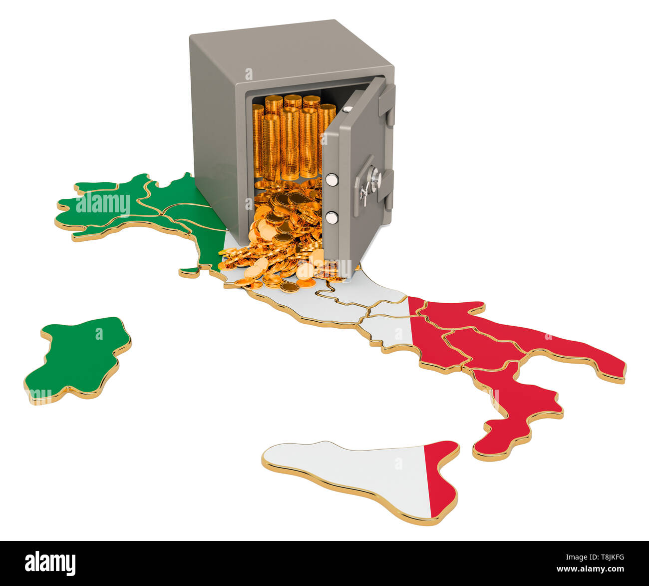 Safe box with golden coins on the map of Italy, 3D rendering isolated ...
