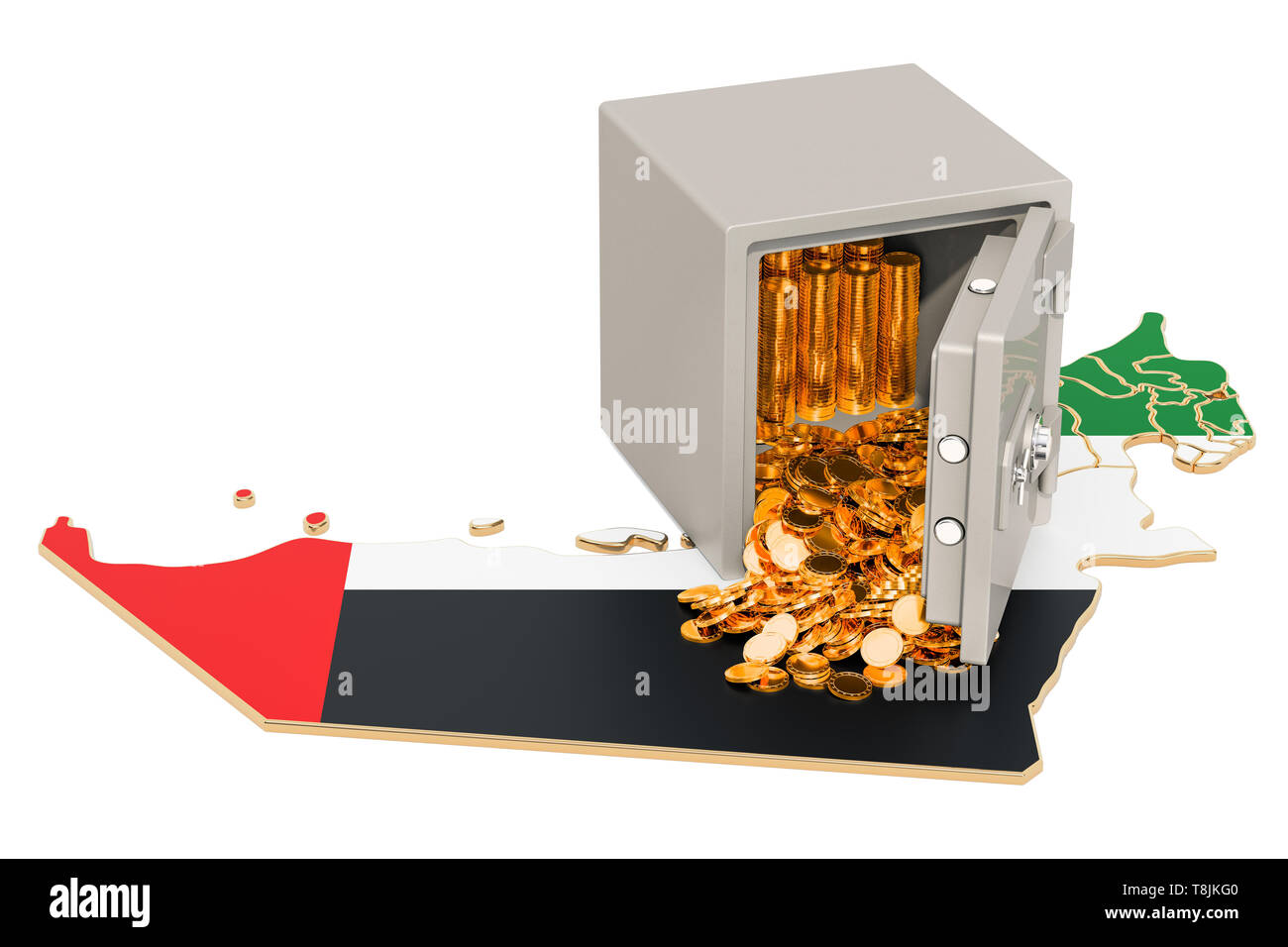 Safe box with golden coins on the map of the United Arab Emirates, 3D ...
