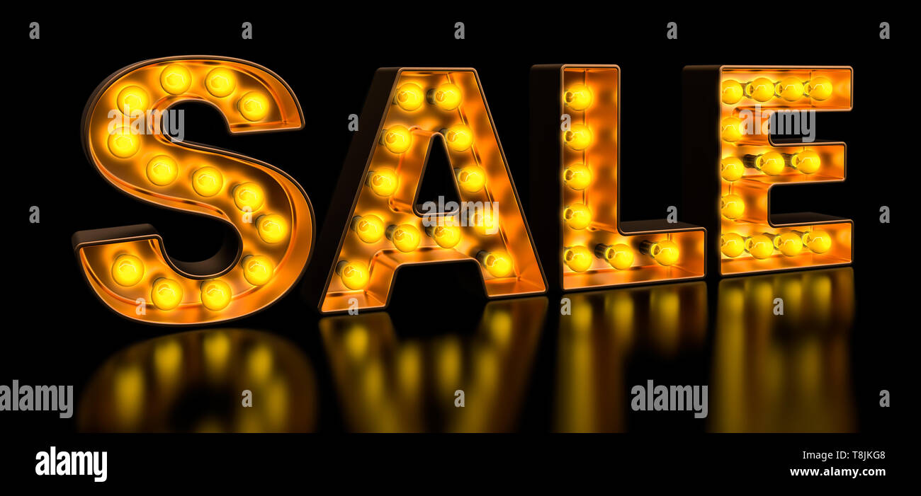 Sale signboard from golden light bulb letters, retro glowing font. 3D ...