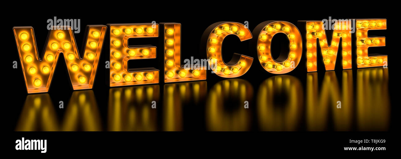 Welcome signboard from golden light bulb letters, retro glowing font ...