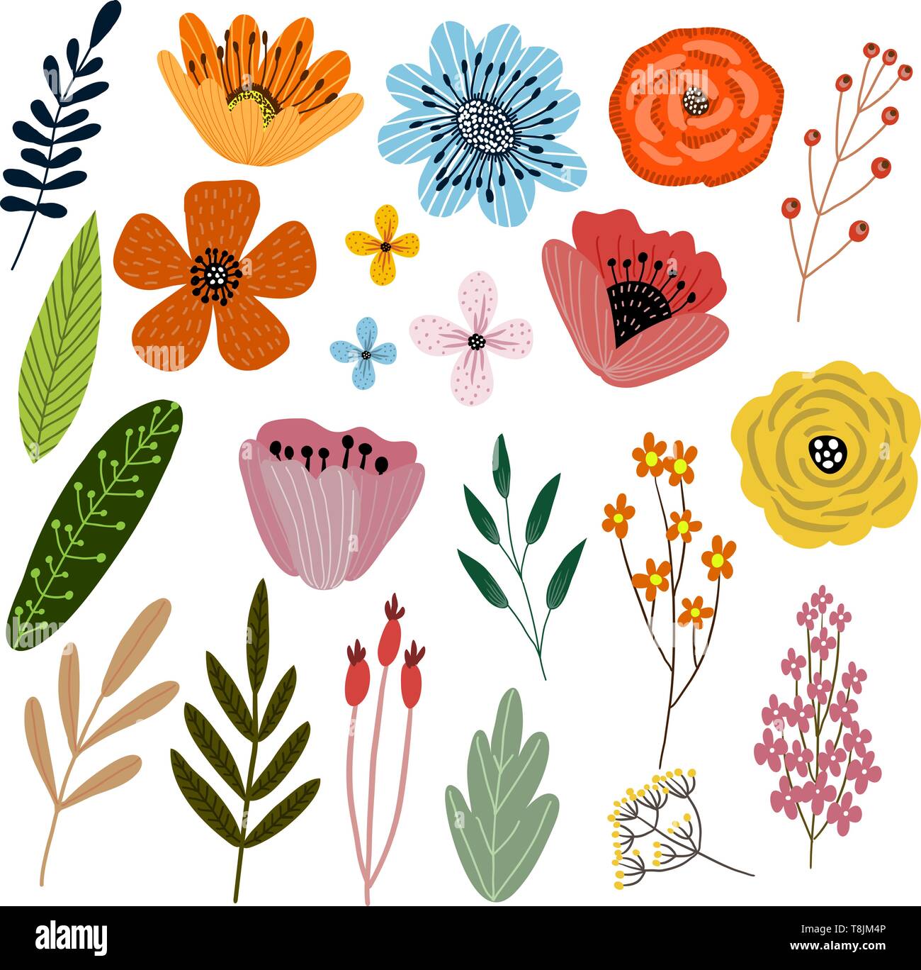 Vector set of isolated floral elements with hand drawn flowers on a ...