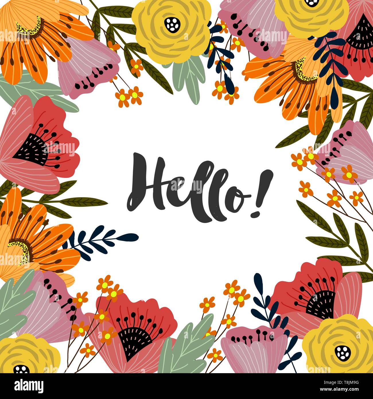 Postcard template with cute hand drawing bright bouquet of flowers ...