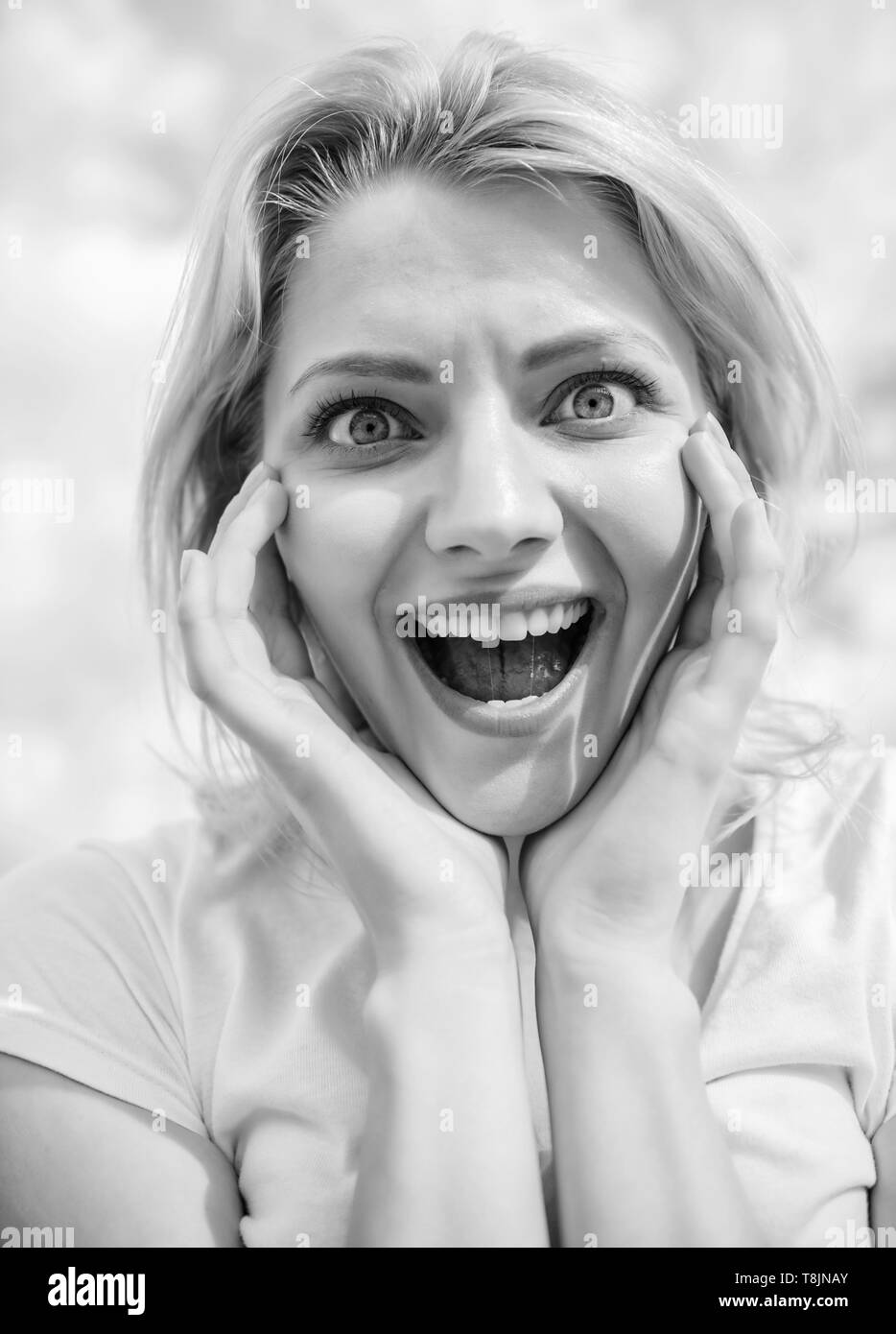 Emotional woman fashion short hair blonde. Positive human emotions ...