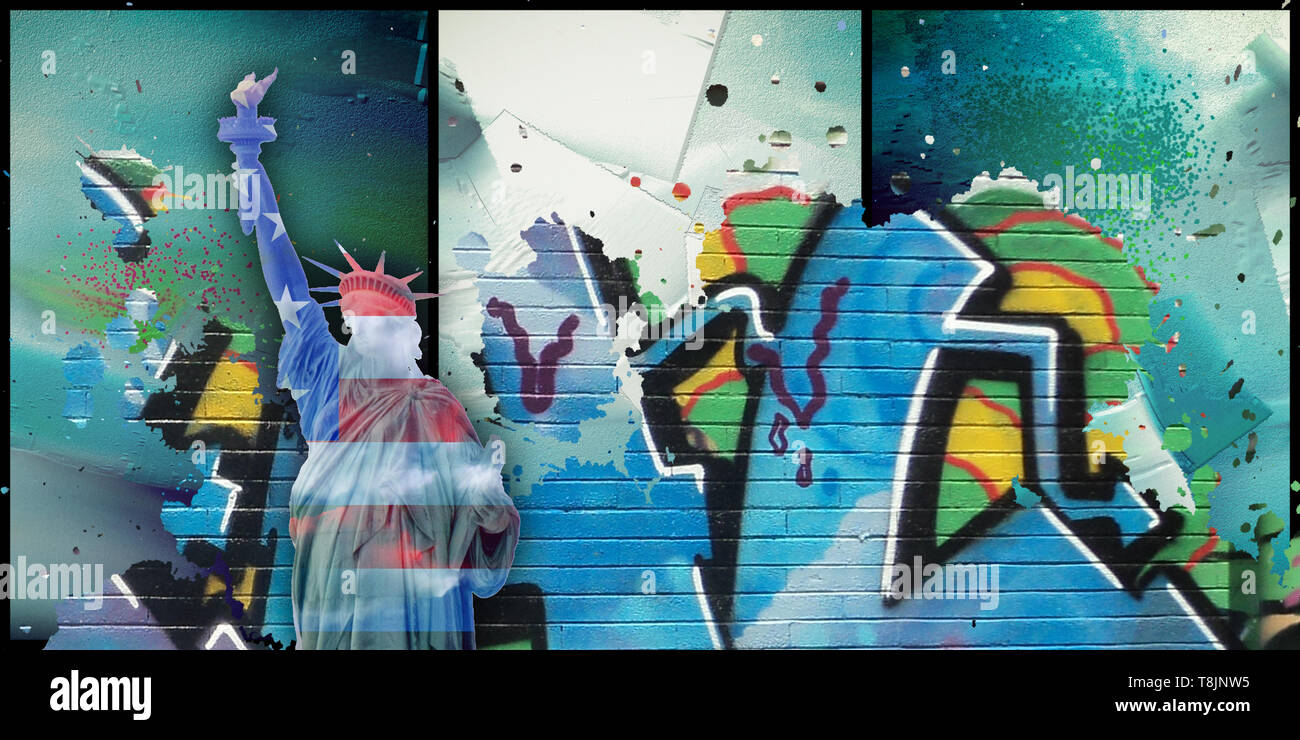 Modern art. Liberty statue in national colors. Pieces of graffiti Stock ...