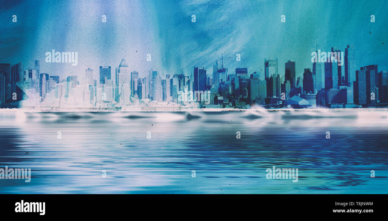 Modern Art. Manhattan, New York panorama in vivid blue colors Stock ...