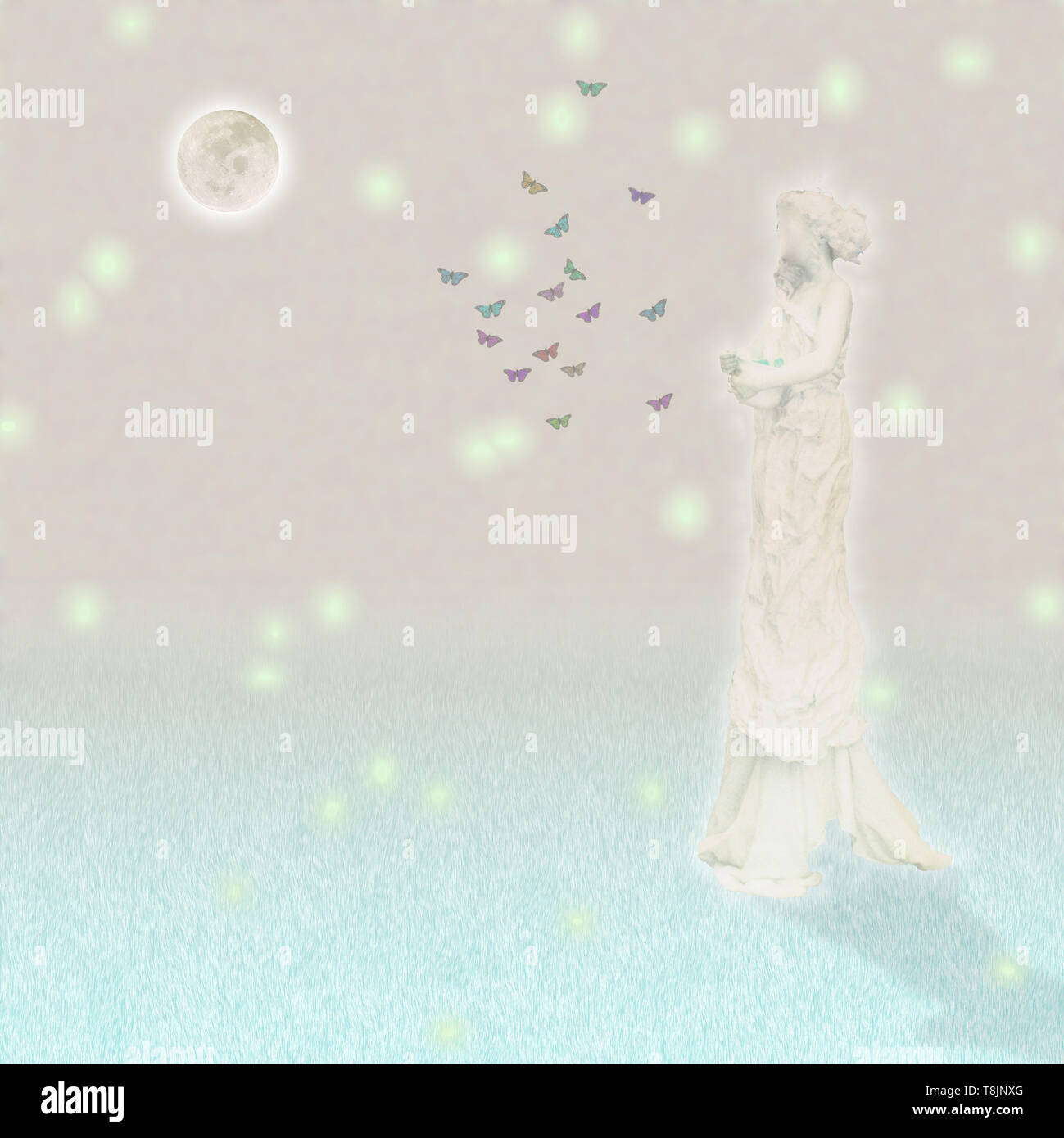 Woman`s marble statue and butterflies. Glowing moon Stock Photo - Alamy