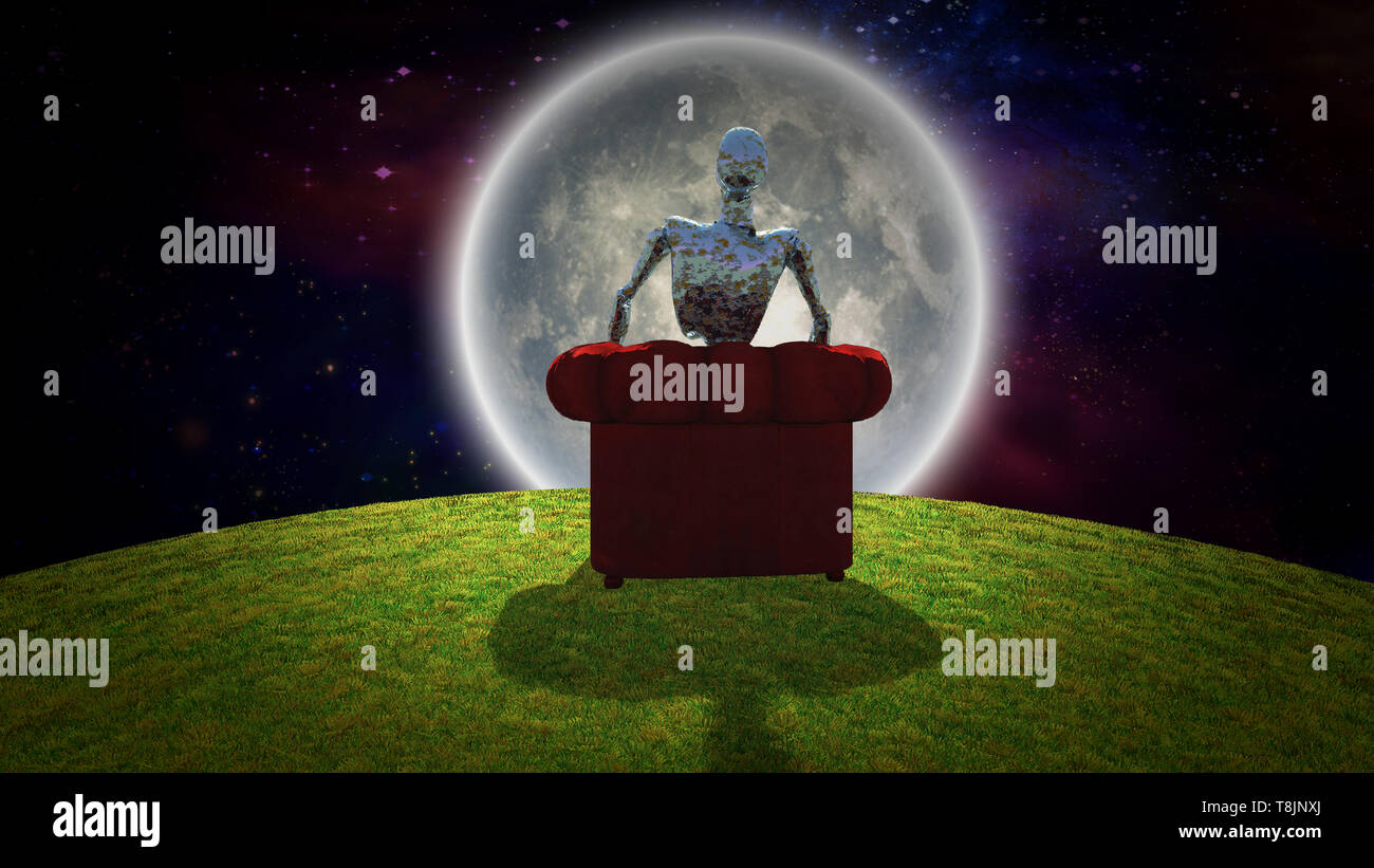 Surreal composition. Rusted alien sits in red armchair and observer ...
