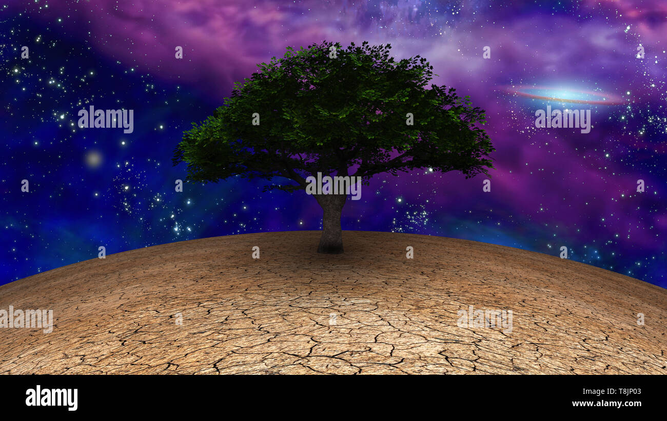 Surrealism. Green Tree of Life in arid land. Galactic disk in night sky ...