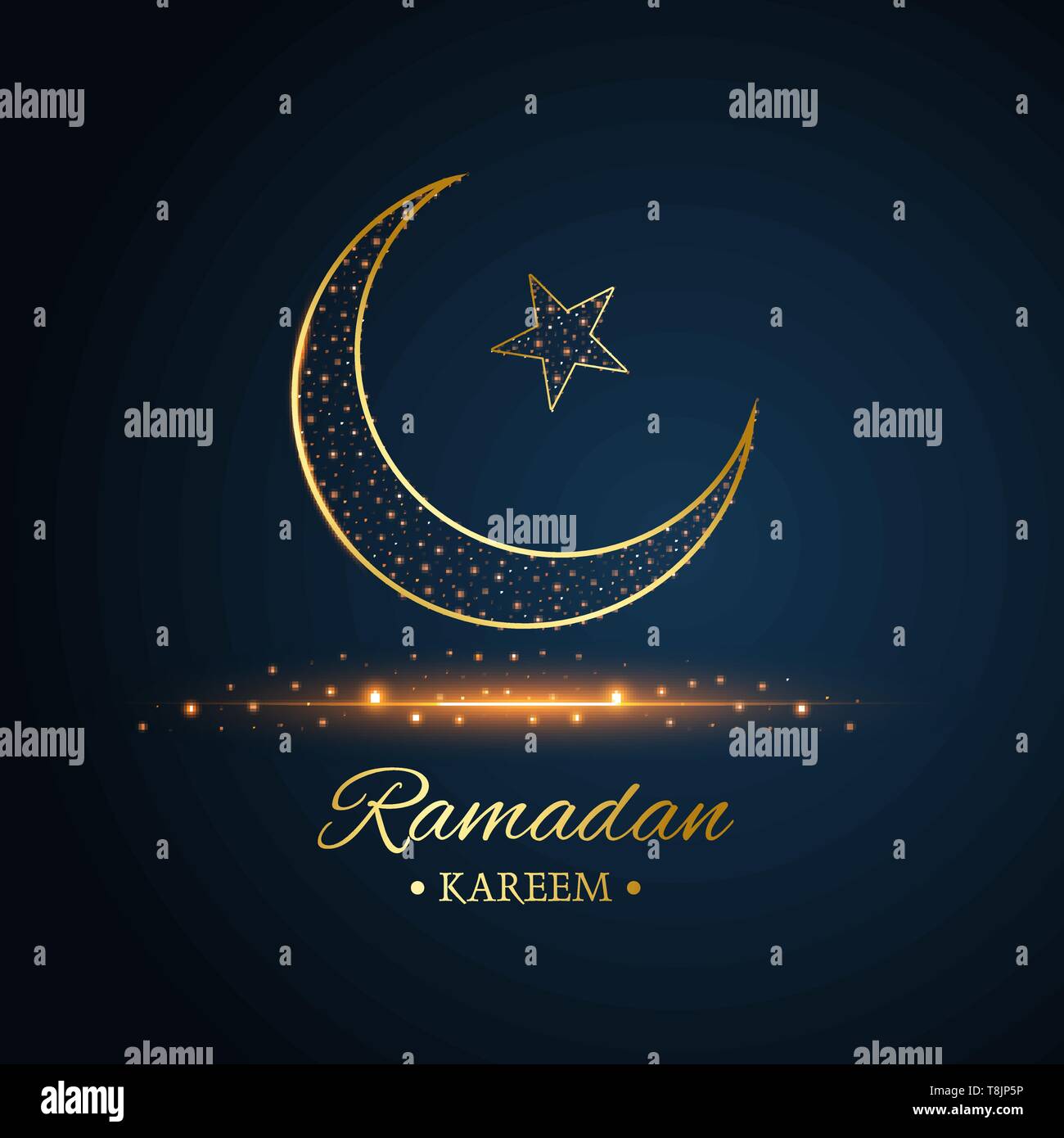 Golden Islamic moon and star, ramadan kareem written with black and ...