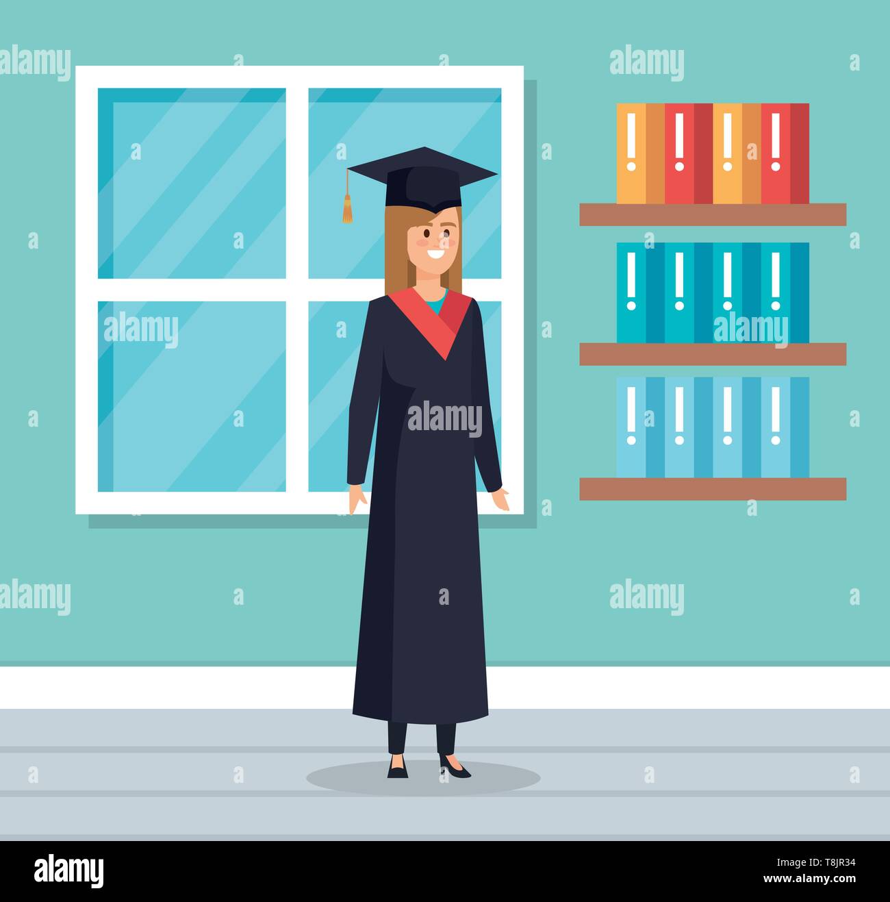 woman graduation wearing rope and cap with bookcase Stock Vector Image ...