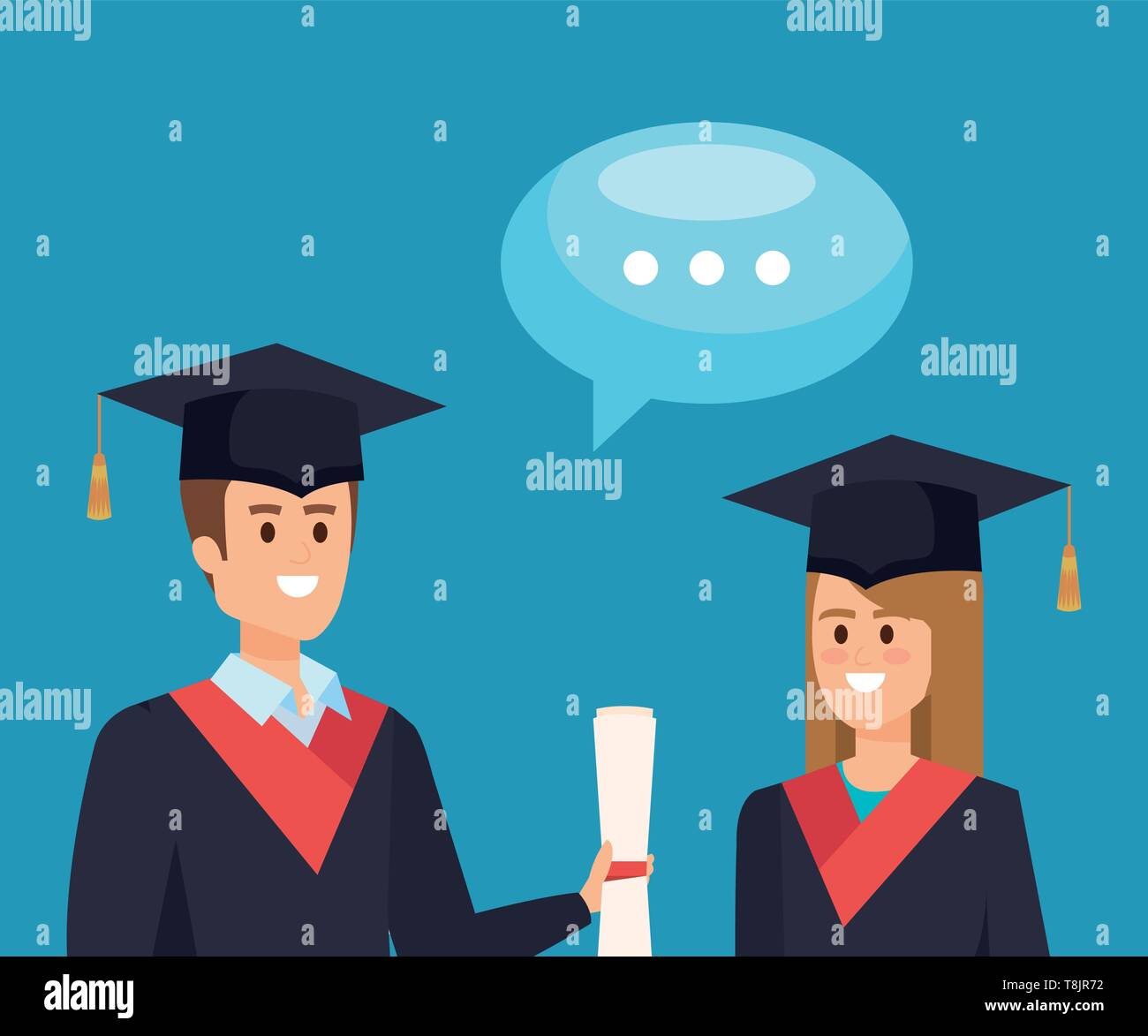 woman and man graduation with diploma and chat bubble Stock Vector ...