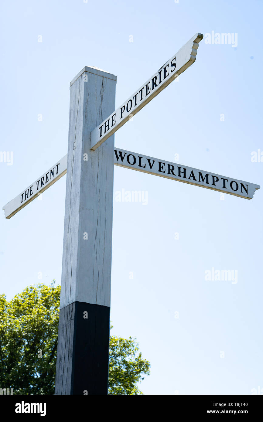 Wooden signpost for The Potteries, The Trent, Wolverhampton on the ...