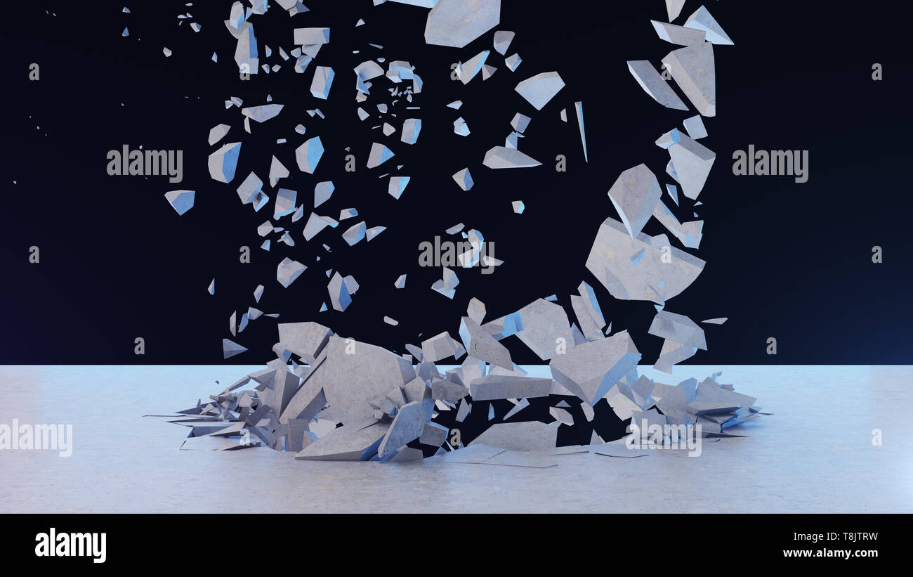 Concrete wall shatters into thousands of small pieces. Cracked earth ...