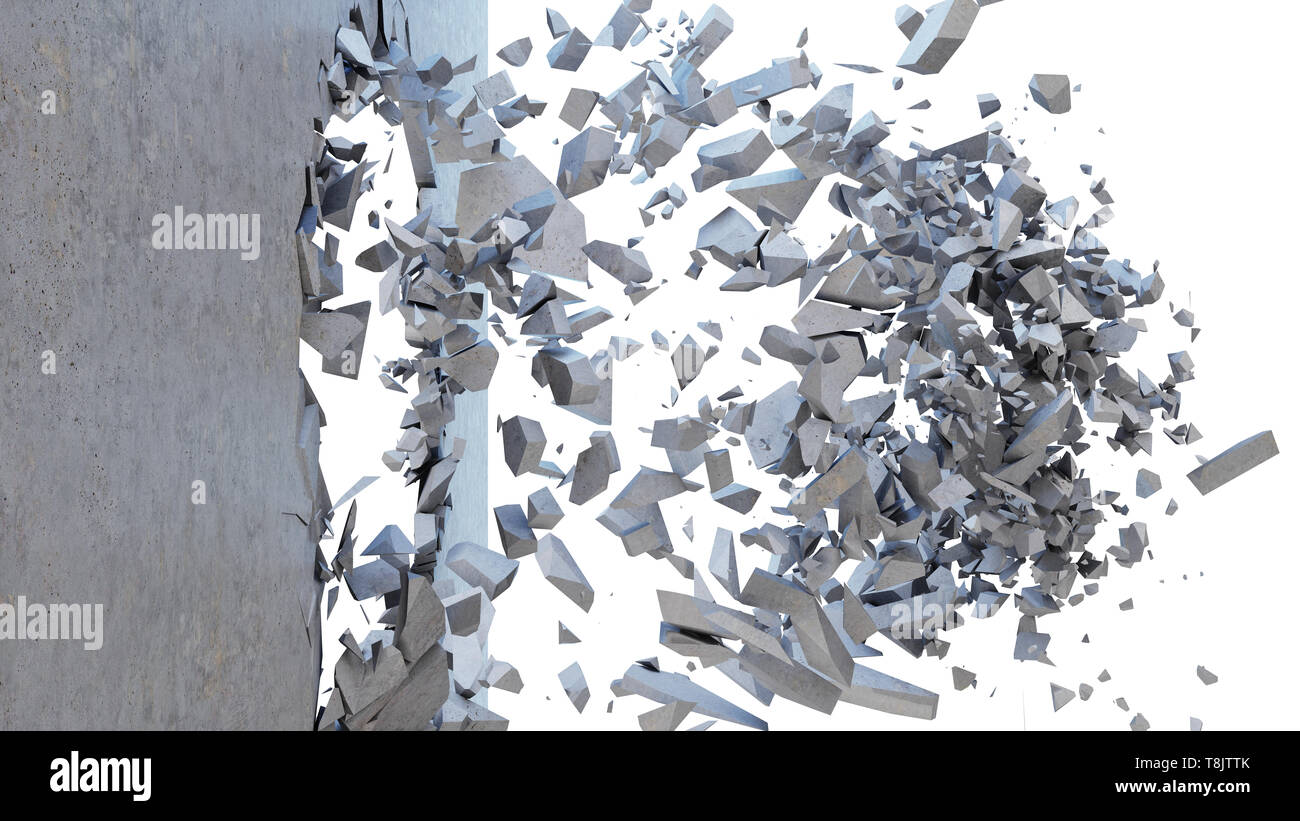 Concrete wall shatters into thousands of small pieces. Cracked earth ...