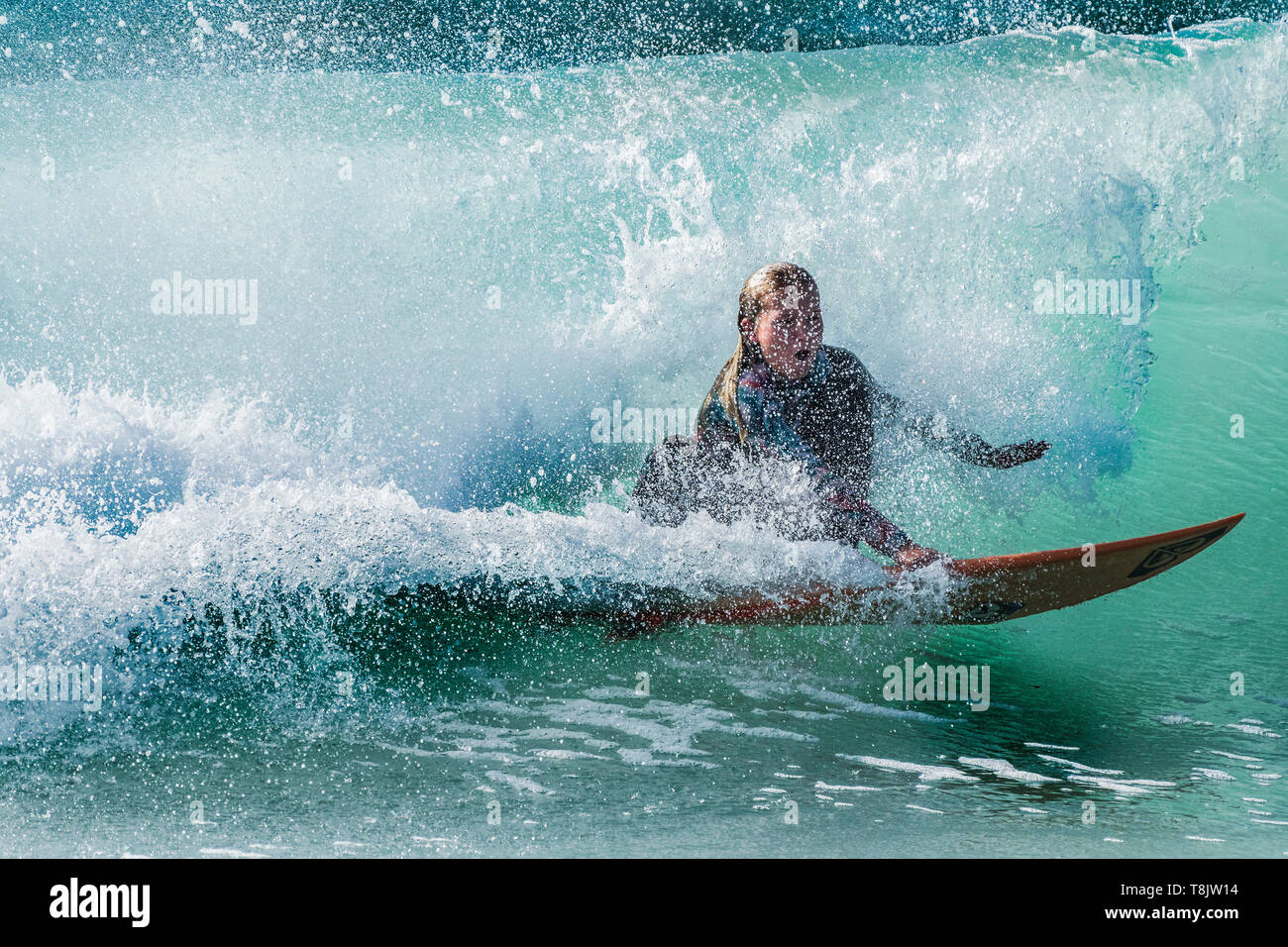 Spectacular surfing action as a young female surfer rides a wave at ...