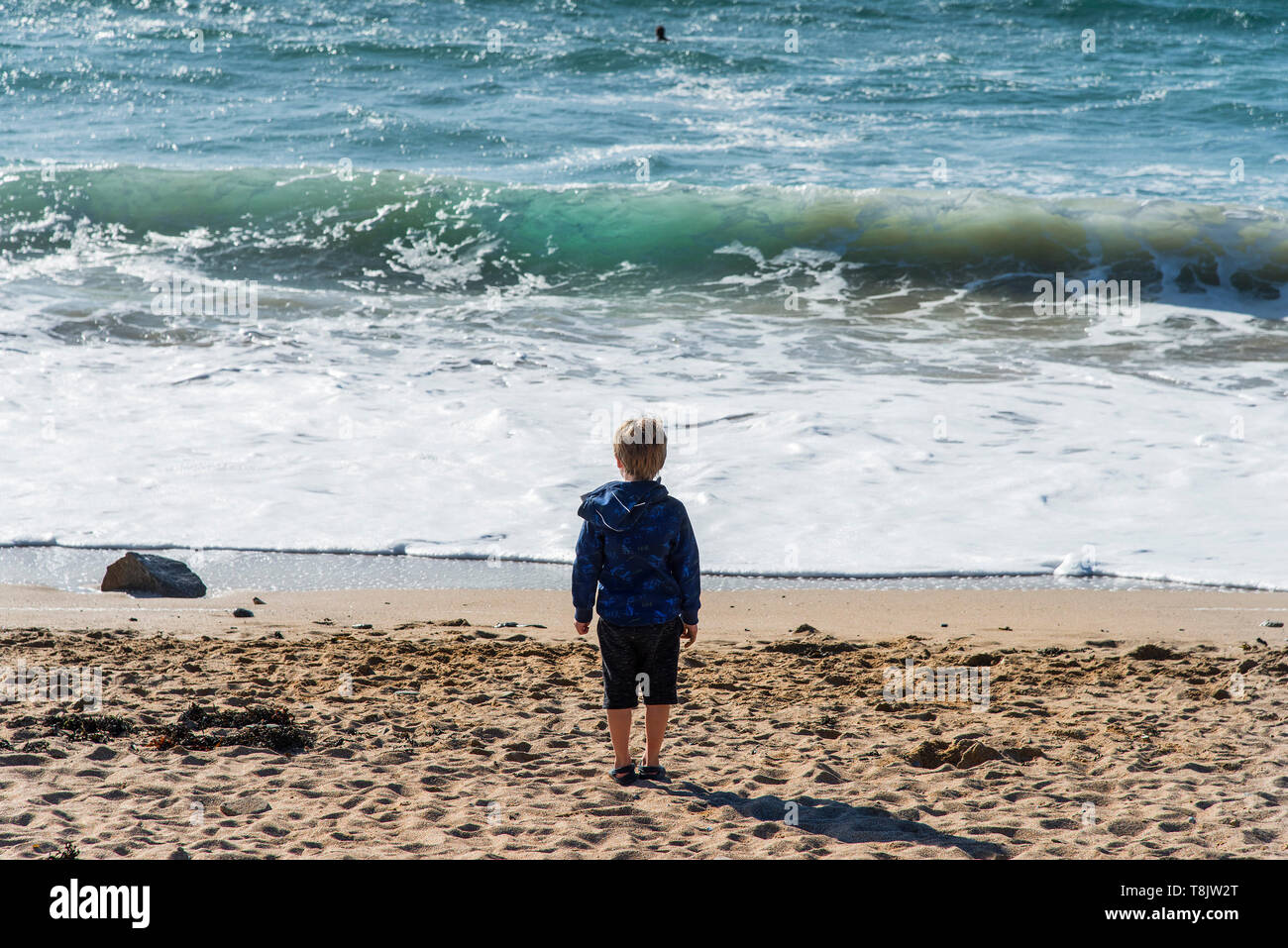 A young boy standing on the shoreline gazing out to sea on Fistral ...
