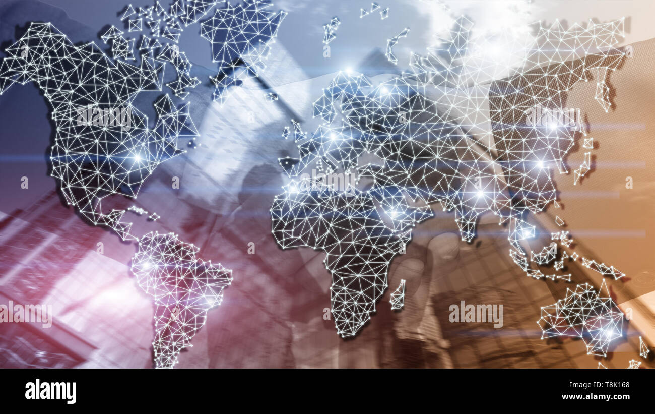 Global World Map Double Exposure Network. Telecommunication ...
