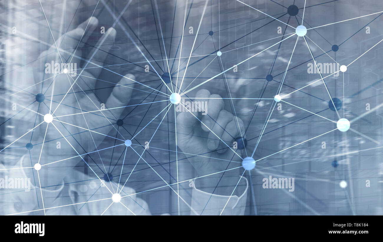 Blockchain network on blurred skyscrapers background. Financial ...