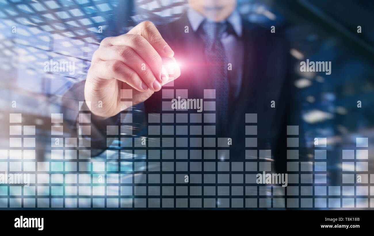 Financial chart on blurred skyscraper office background Stock Photo - Alamy