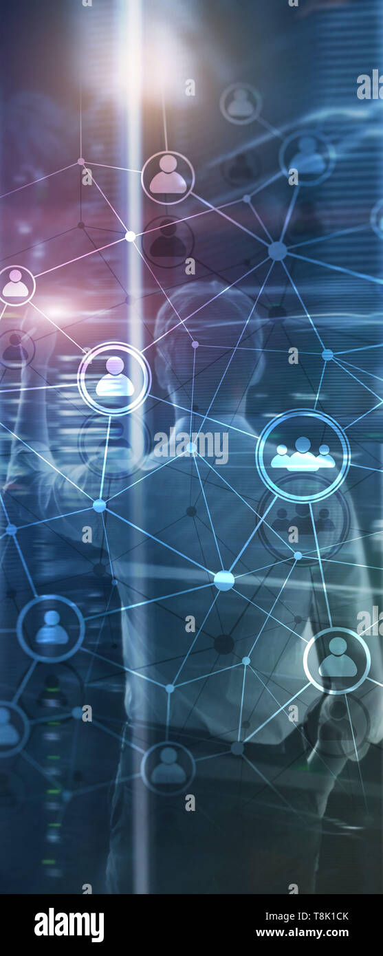 Vertical Panorama Banner. Double exposure people network structure HR ...