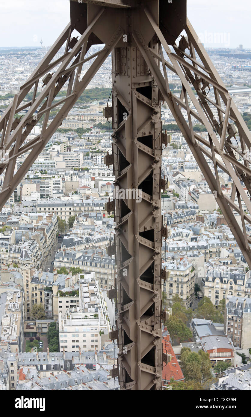 Detail of Eiffel Tower from eleveator and the city of Paris in France ...