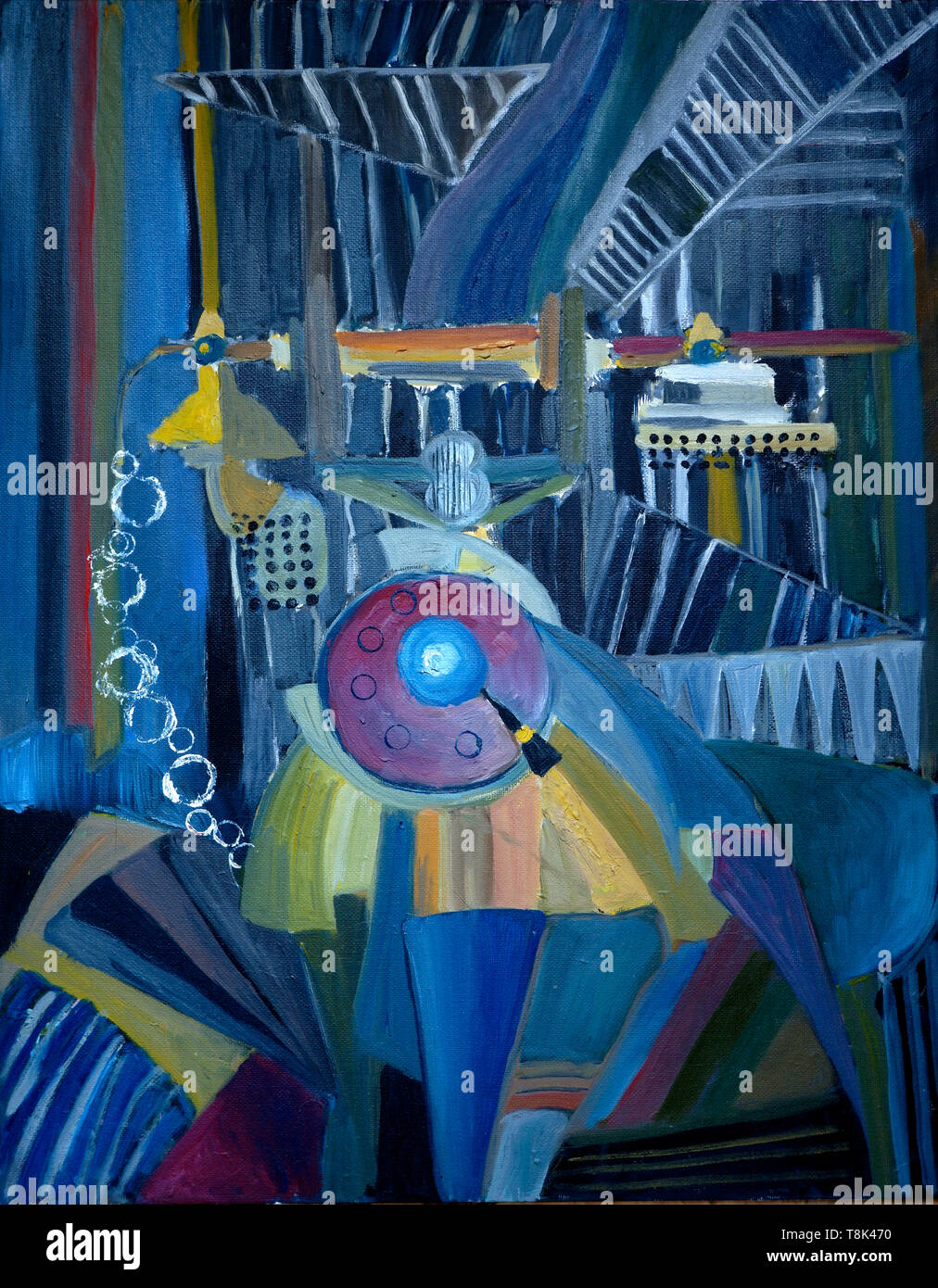 Abstract oil painting of an old-fashioned telephone with receiver and ...
