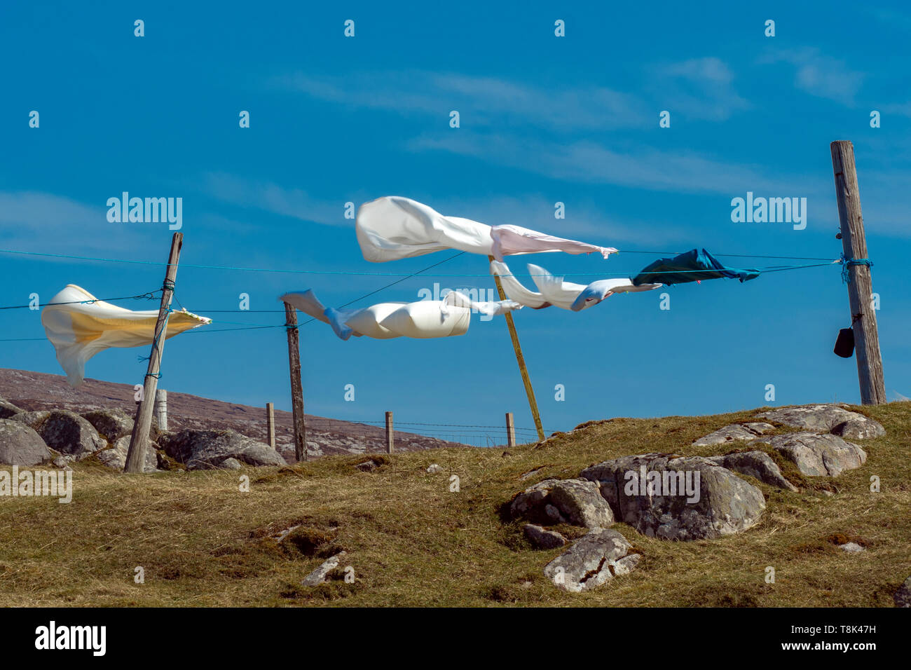 Washing blowing in the wind, near Losgaintir, West Harris, Hebrides ...