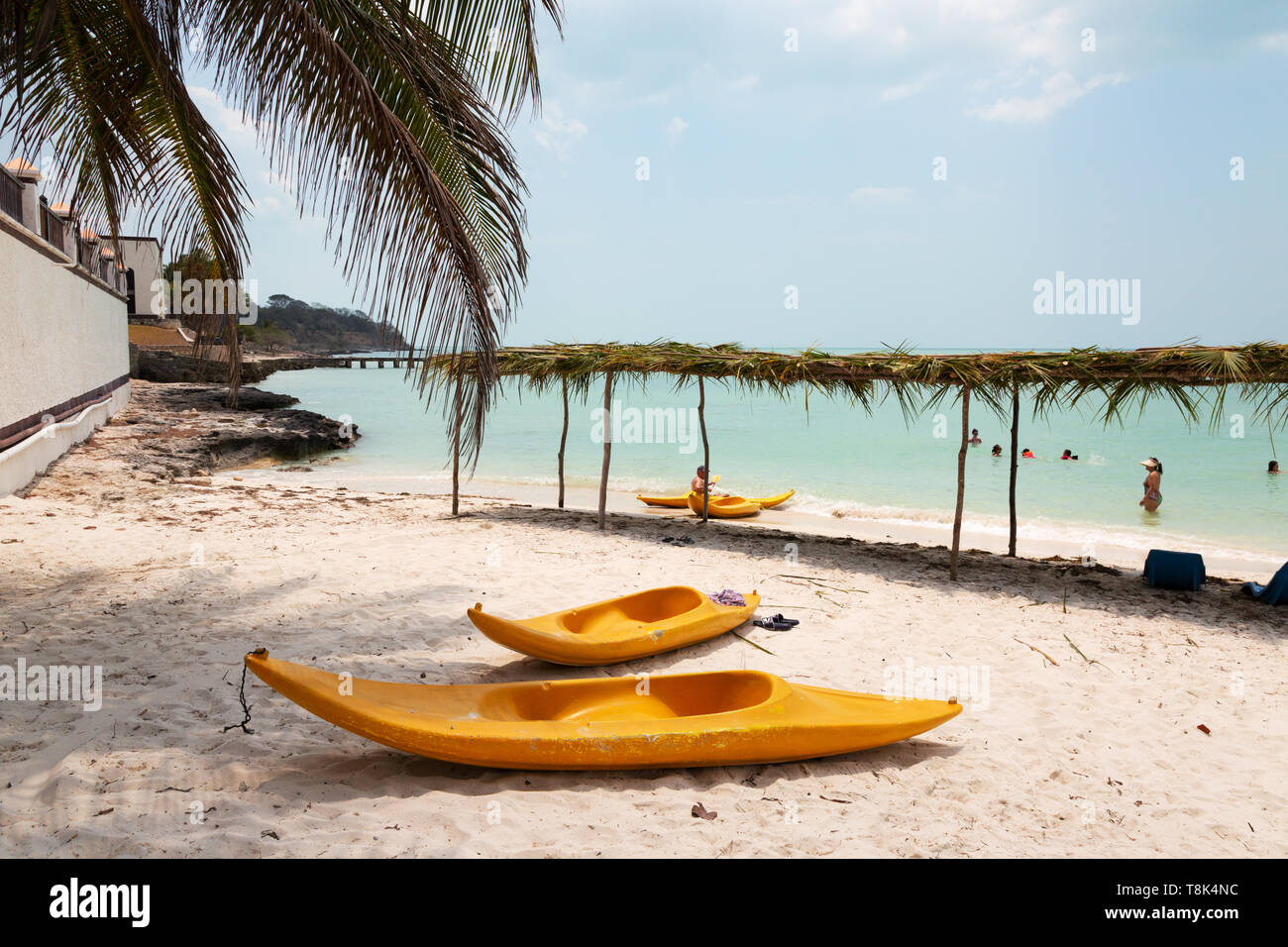 Mexico beach - a tourist hotel beach with boats, at Campeche, Yucatan ...