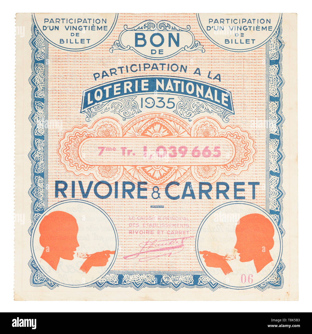 French Lottery Ticket 1935 Stock Photo - Alamy