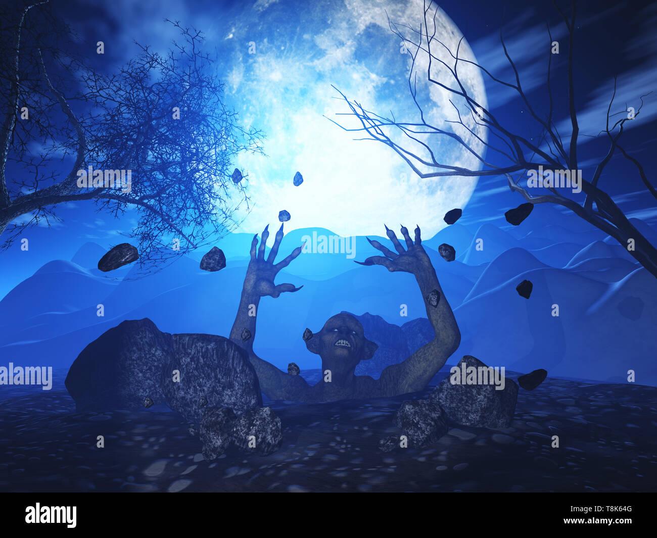 3D render of an evil zombie erupting out of the ground against a ...
