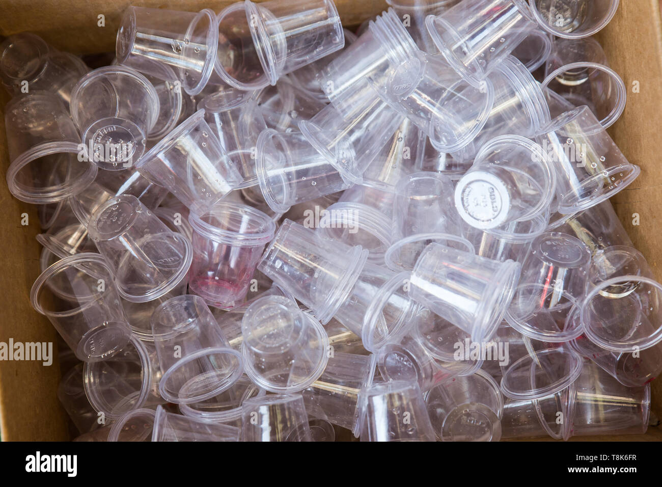 Box filled with disposable plastic cups Stock Photo - Alamy