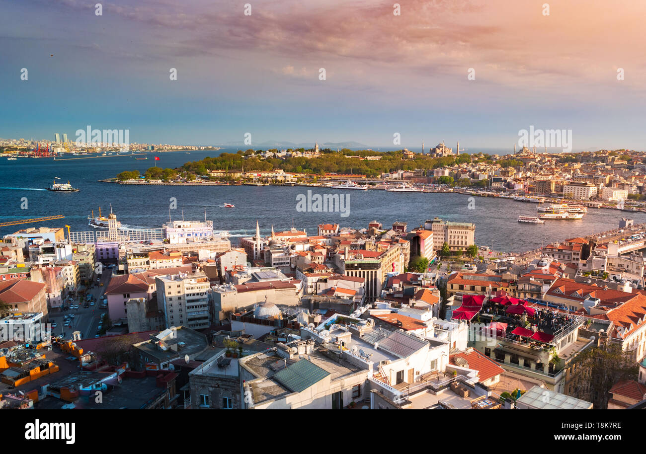 Galata Bridge on the Golden Horn, with mosques in the background, as ...