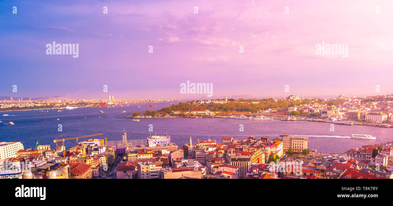 Galata Bridge on the Golden Horn, with mosques in the background, as ...