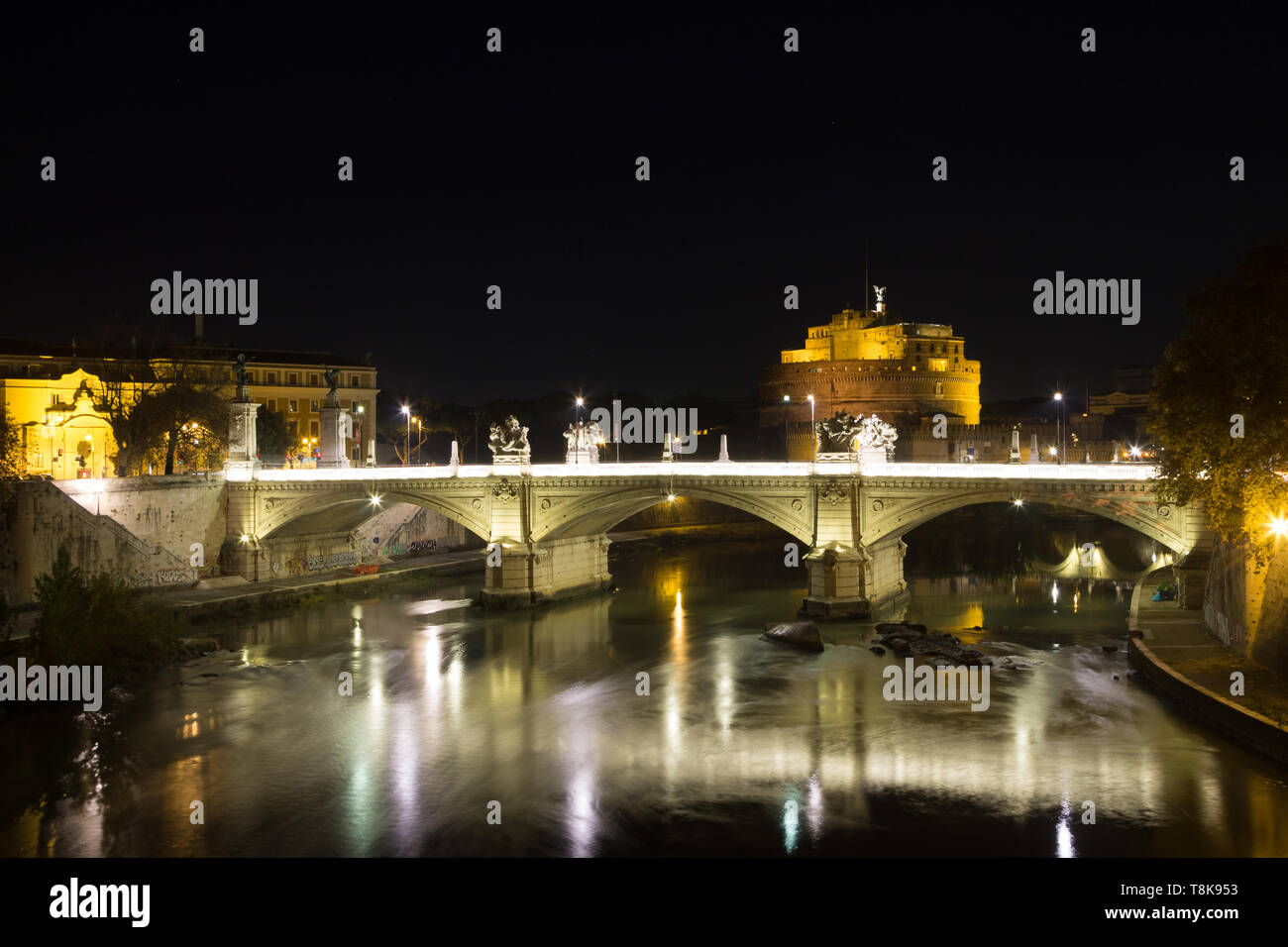 Night scene of Rome, Tevere river and Mausoleum of Hadrian. Italian ...