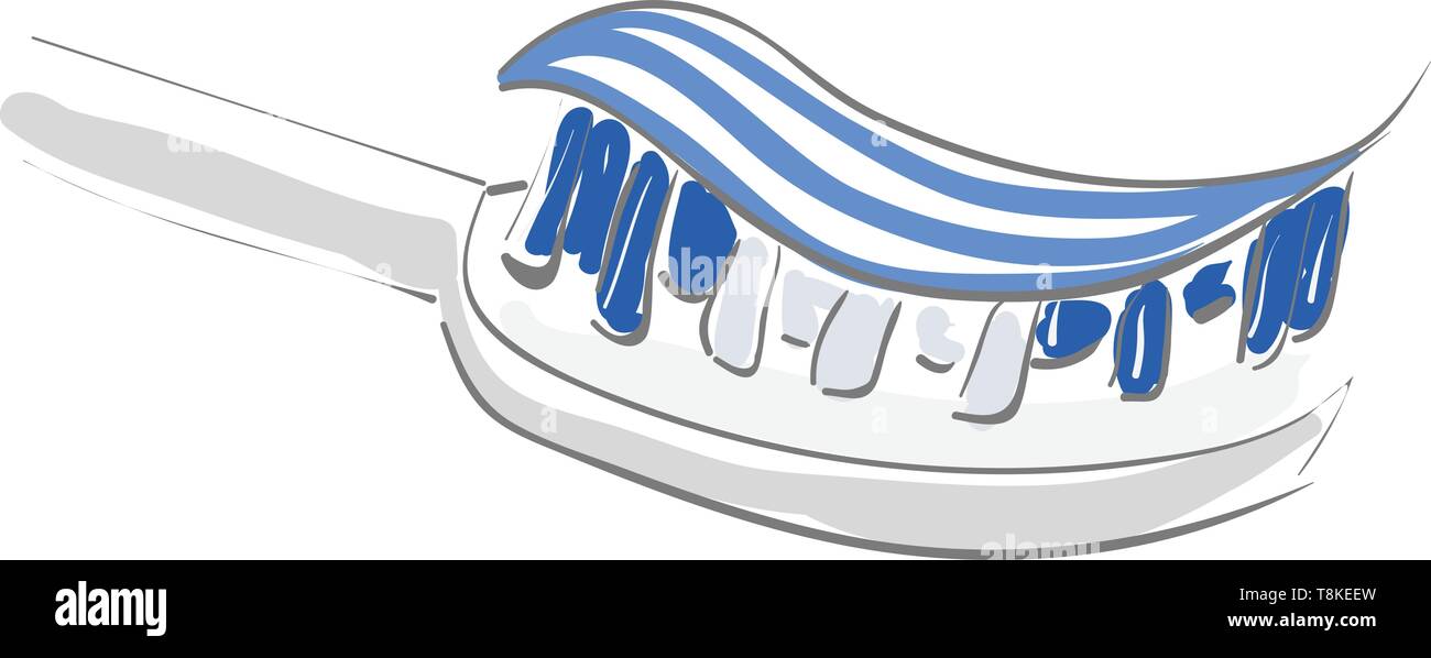 Painting of a toothbrush with white and blue striped toothpaste set on ...