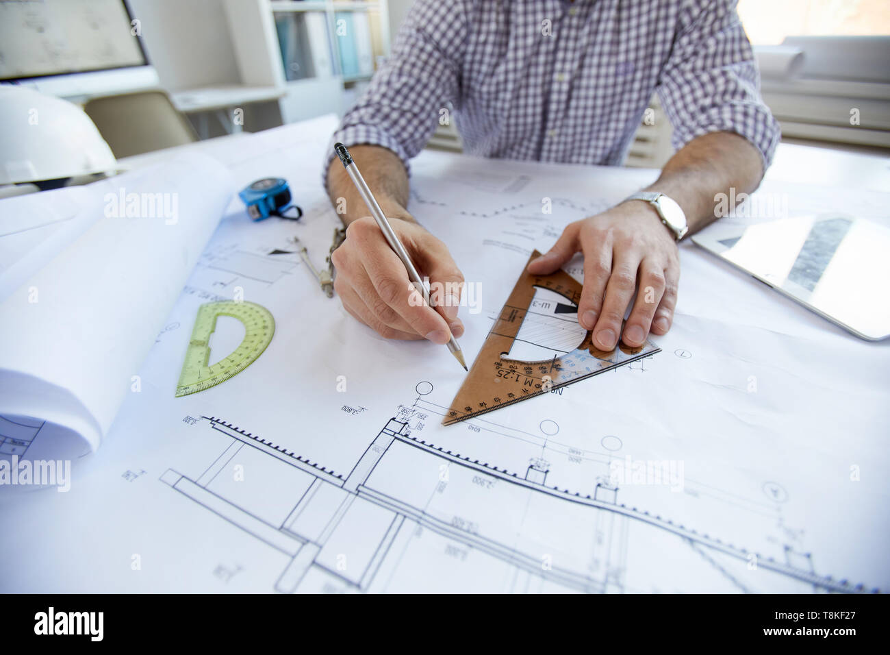 Engineer Drawing Plans Closeup Stock Photo - Alamy
