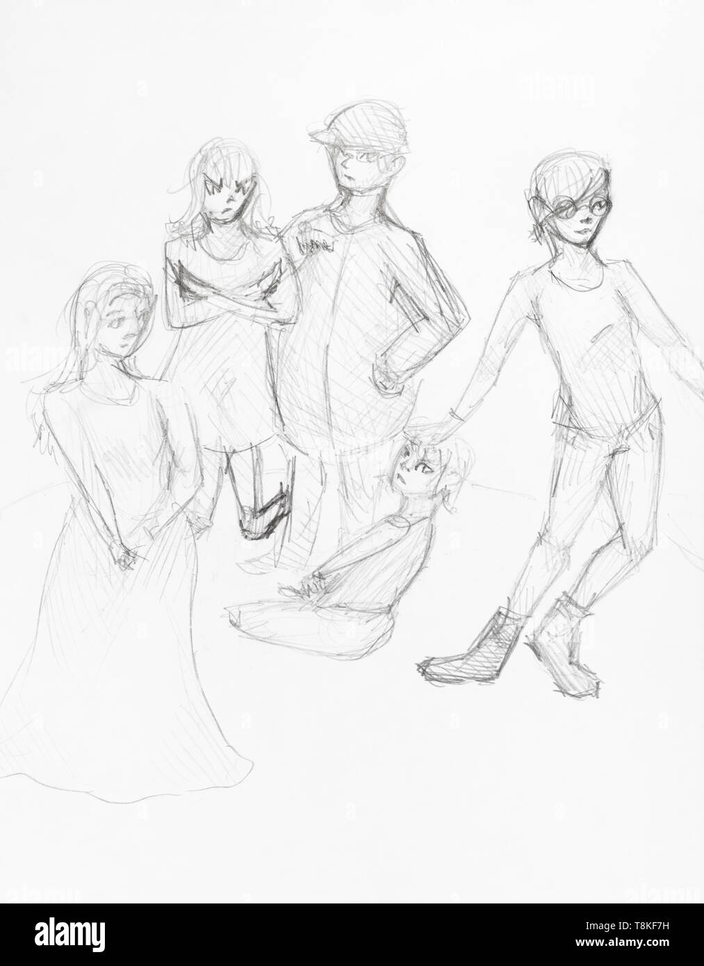 sketch of group of teenagers hand-drawn by black pencil on white paper ...