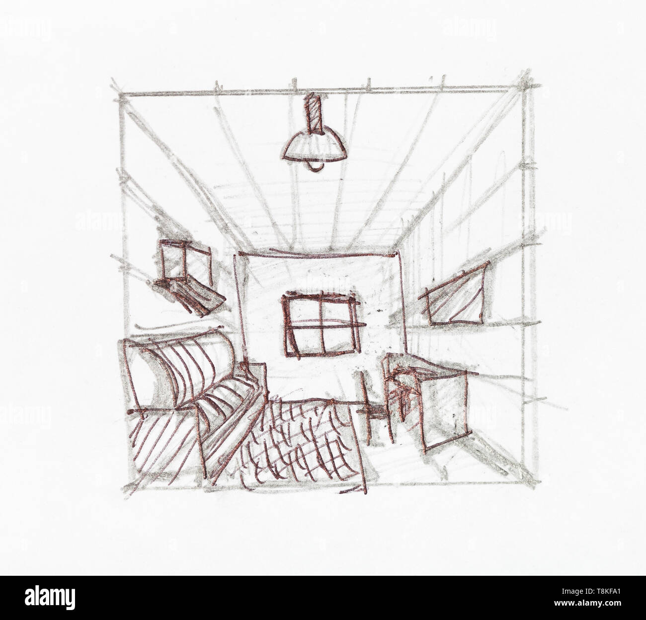 convergence of perspective lines in domestic room hand-drawn by black ...