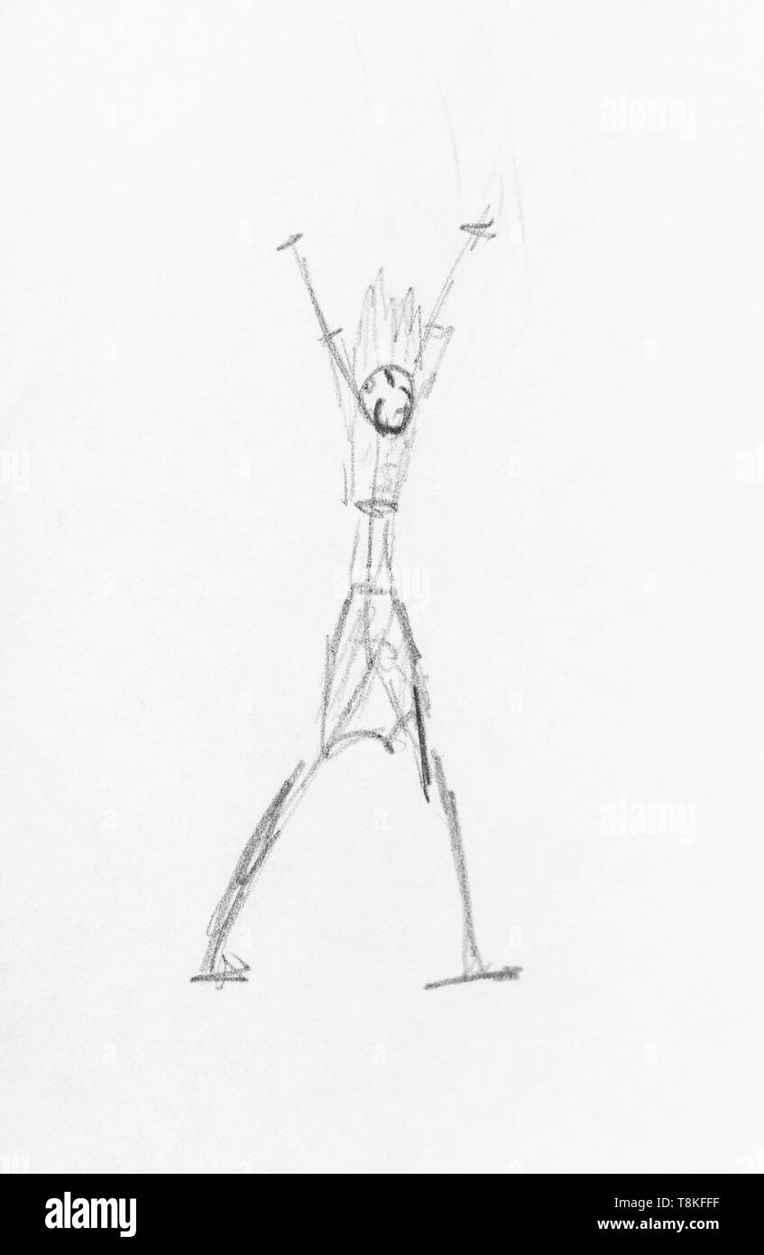 sketch of anthropomorphic figure with raised hands hand-drawn by black ...